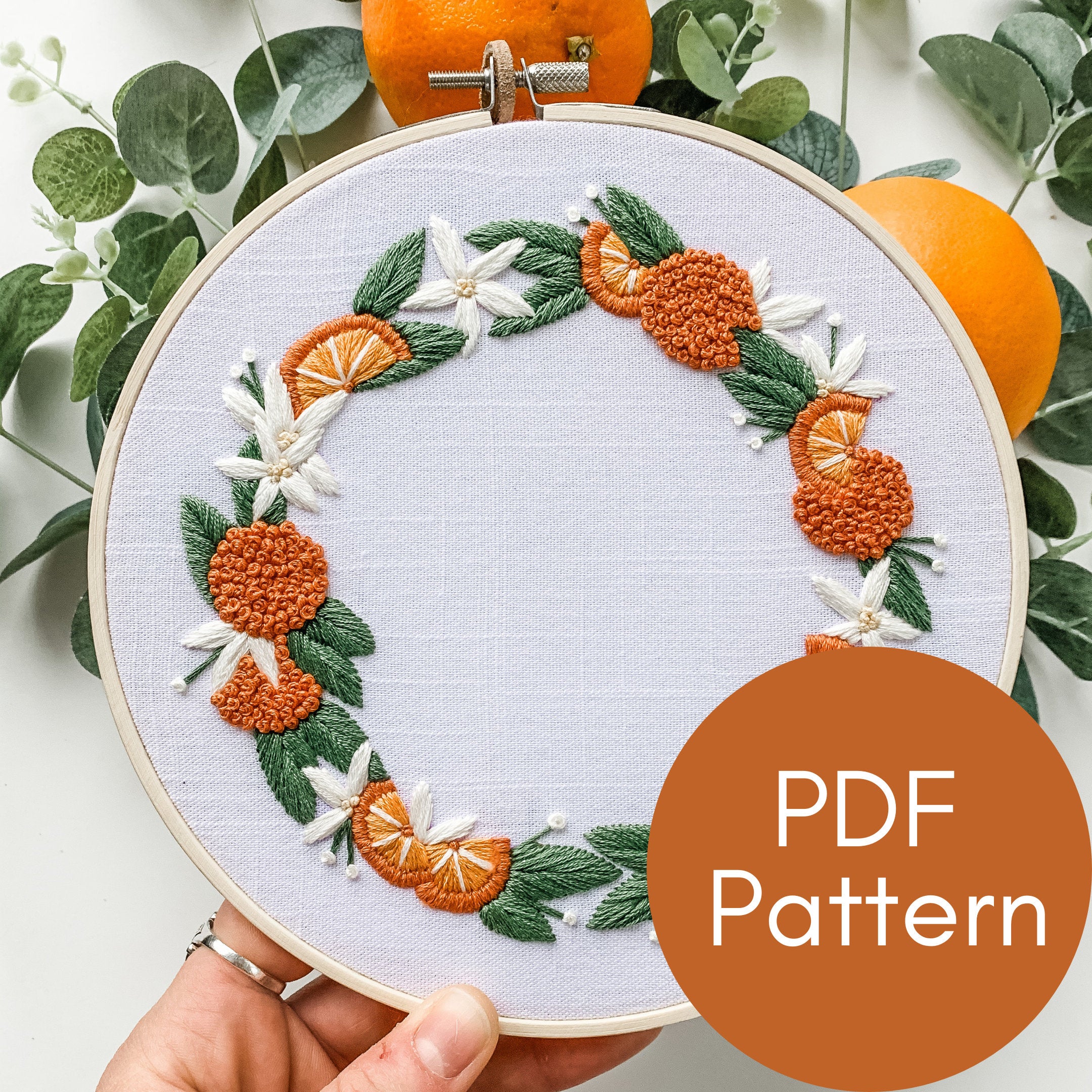 Orange Wreath Hand Embroidery Pattern | Fruit | Citrus Embroidery ...