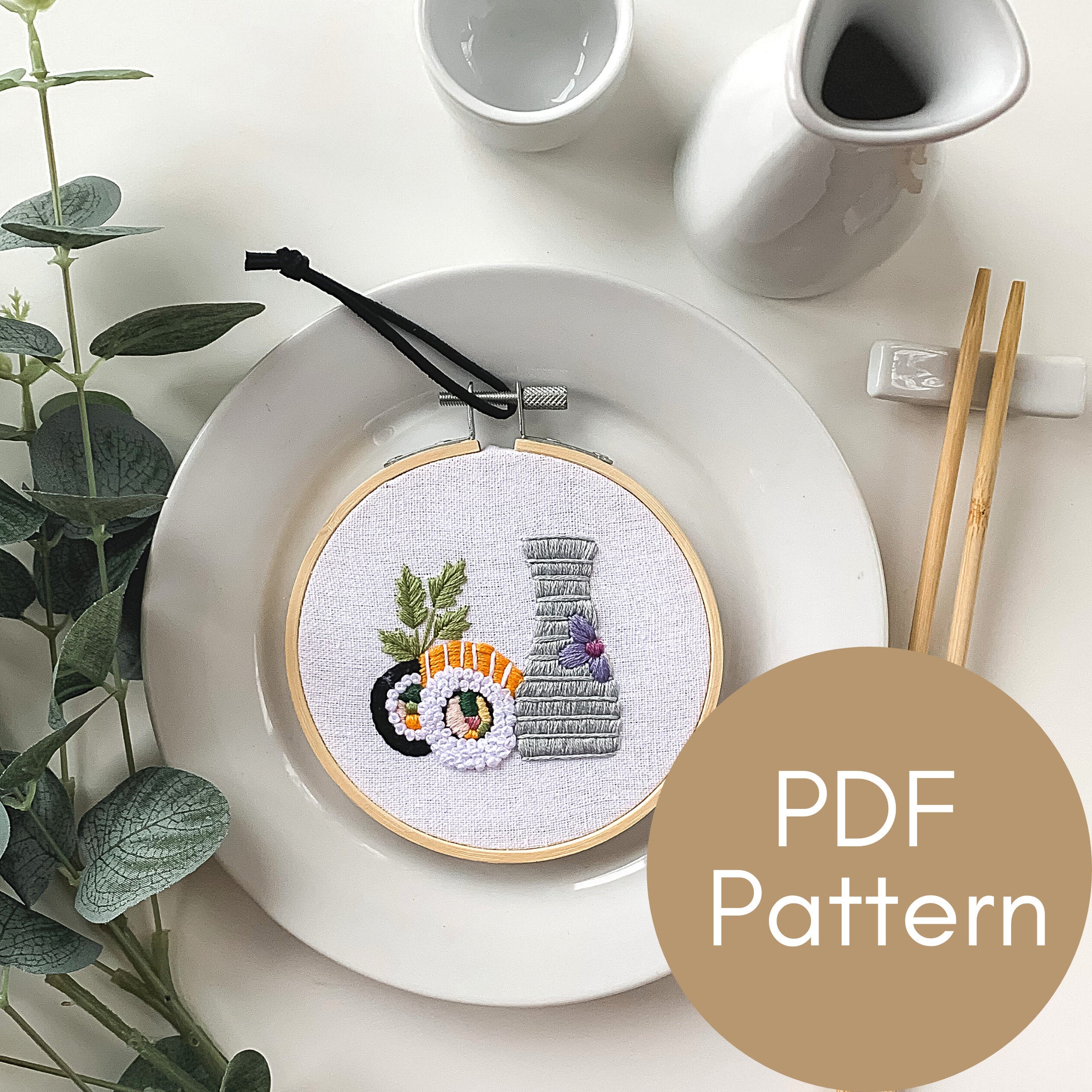 Sushi And Sake Hand Embroidery Pattern | Modern Embroidery | Digital ...